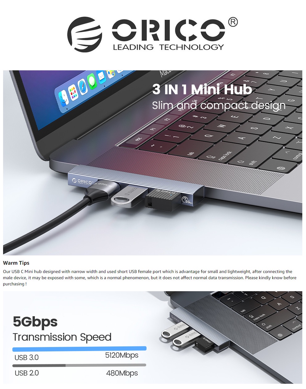 ORICO Aluminum Mini Type C USB HUB 3.0 Adapter High Speed Splitter 3 ...
