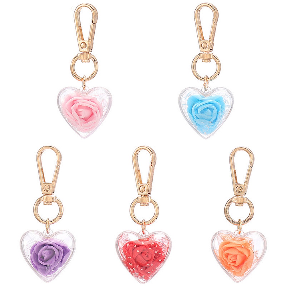 Romantic Heart Shaped Rose Pendant Keychains Transparent Eternal Flower ...