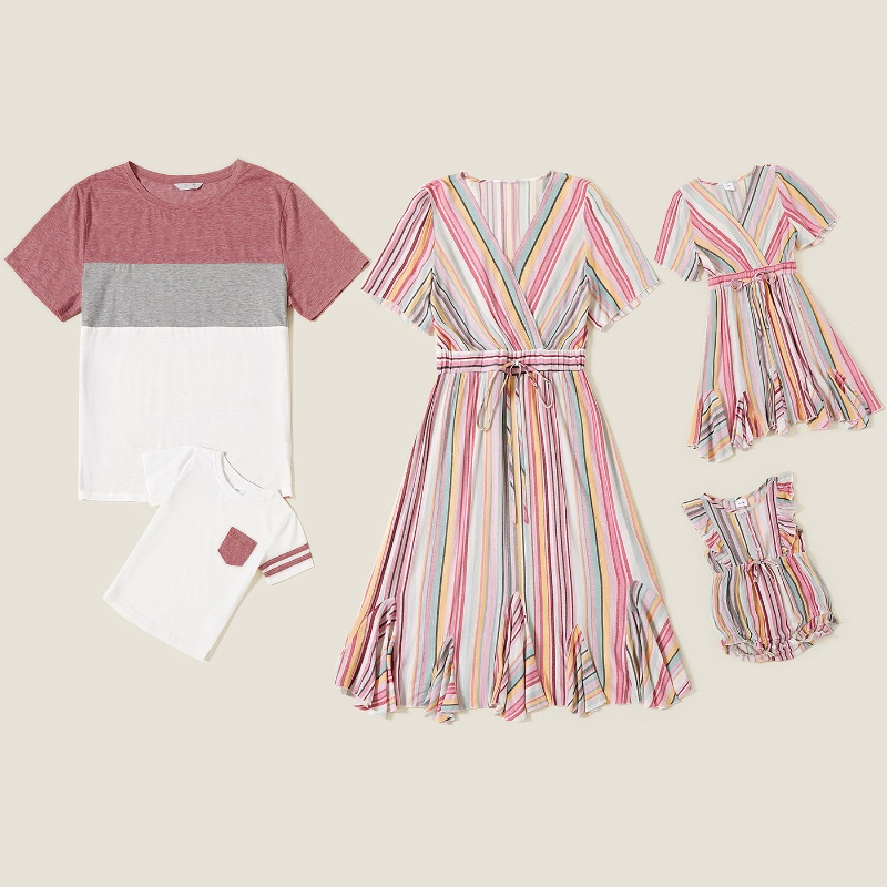 Family Set Mother and Daughter Color Striped Dress Father Son Stitching ...