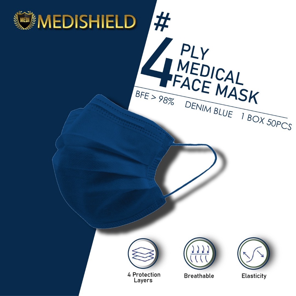 MEDISHIELD 50 Pcs Blue Mask 4 Ply Medical Mask Anti Bacterial ...