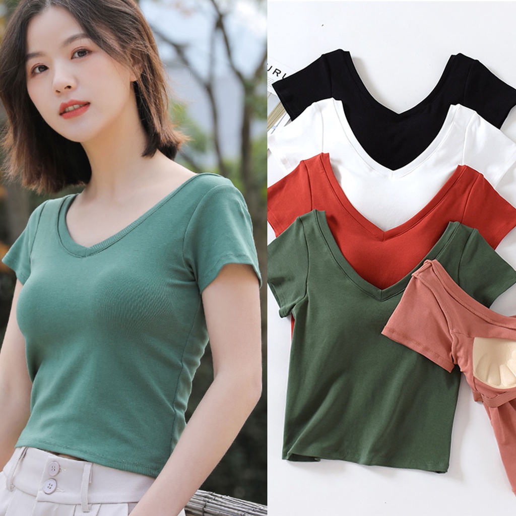 Japan Bra-T Women Elastic Basic T-Shirts With Chest Pad Plain Solid ...