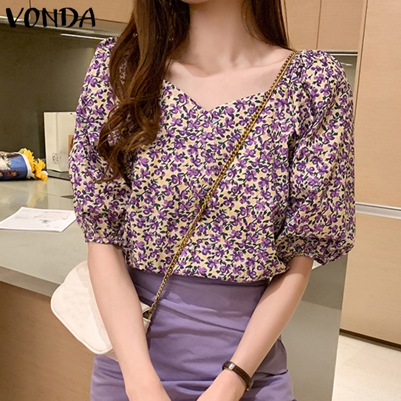 Vonda Women Summer Casual Korean Square Neck Short Sleeve Floral