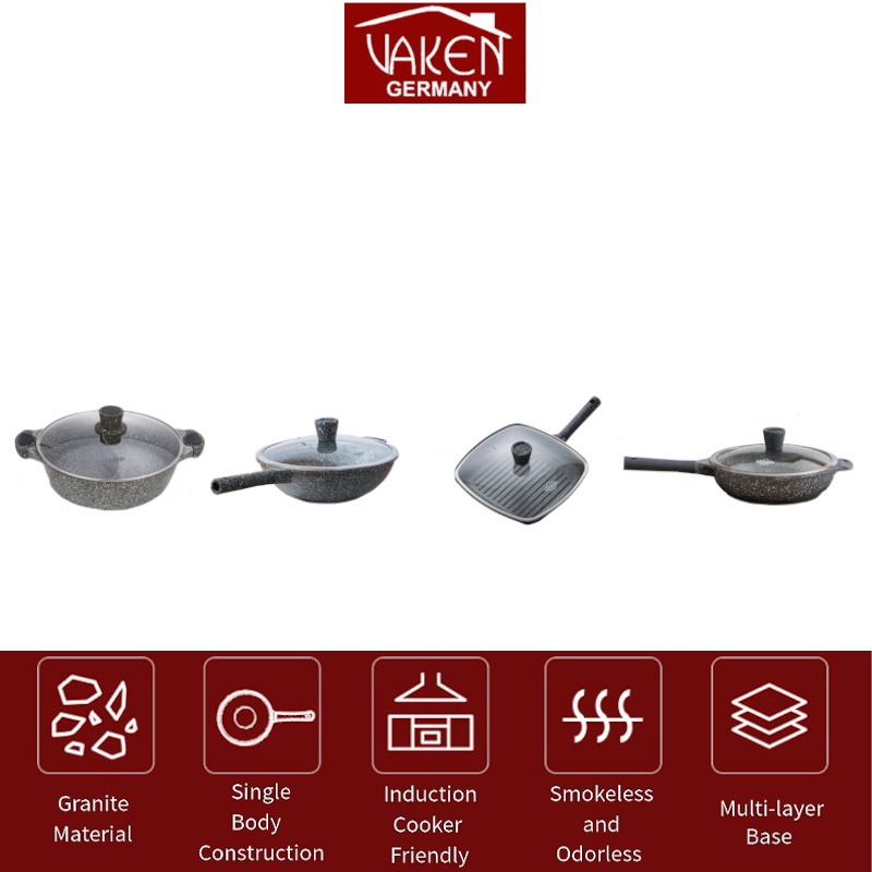 Uakeen Granite Frying Pan Grill Casserole with Free Cover (Non-Stick ...