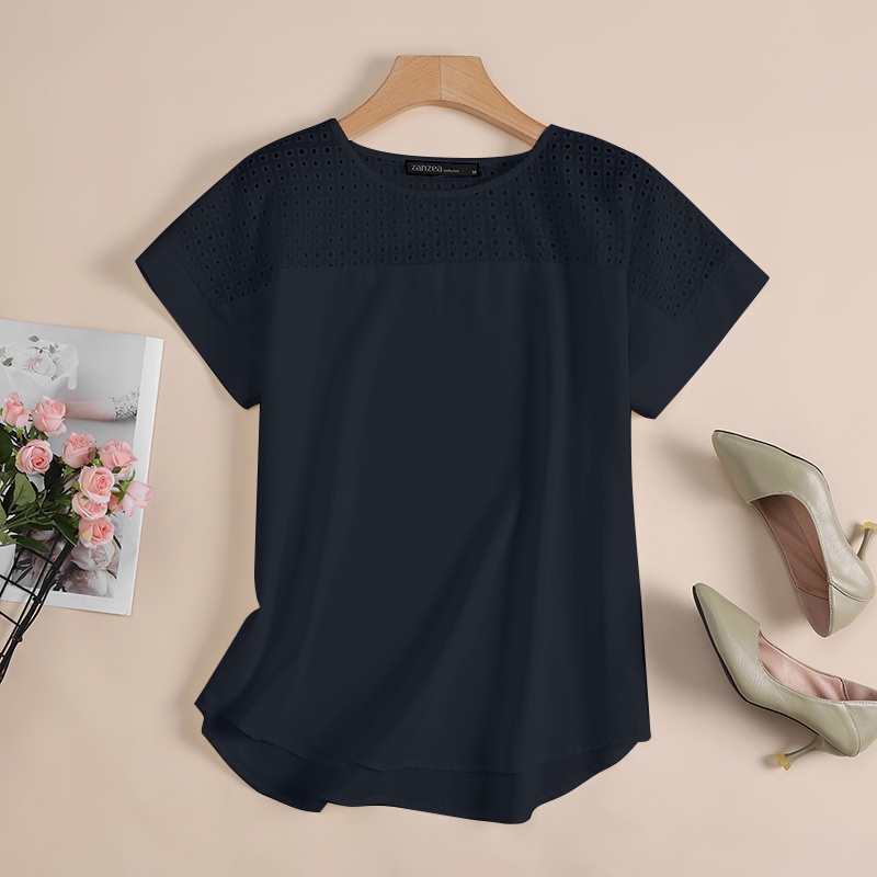 Zanzea Women Short Sleeve O Neck Hollow Out Patchwork Fashion Blouse Shopee Singapore