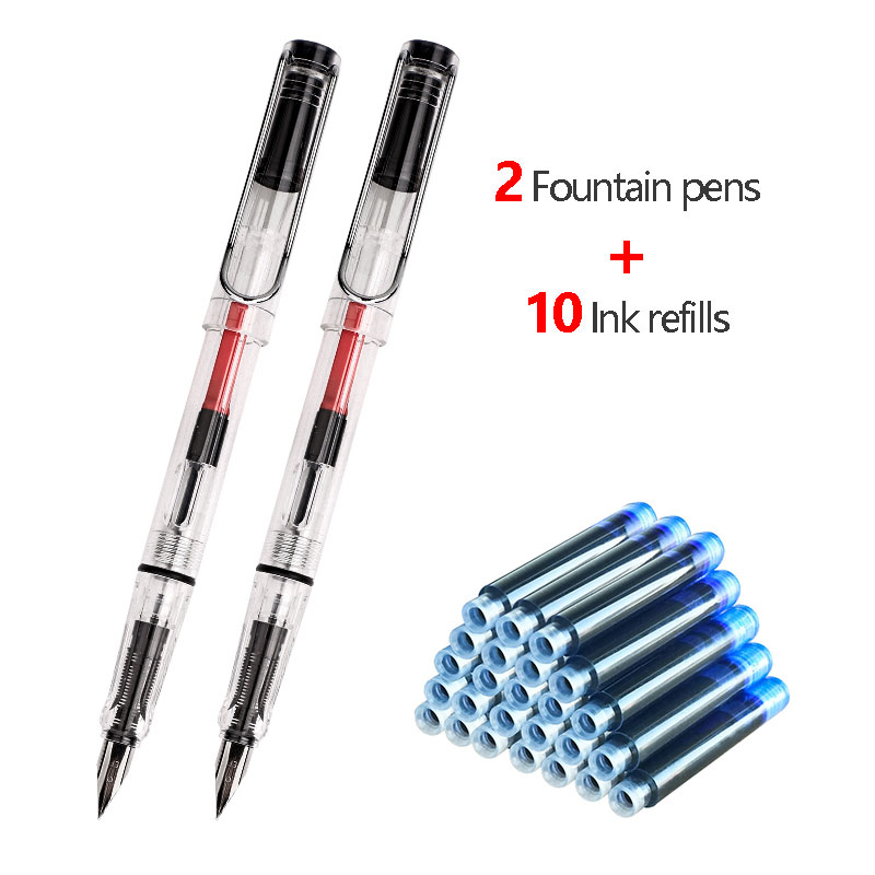 2 Fountain pens + 10 Refills Set 0.38 mm EF tip Black, blue, red school ...