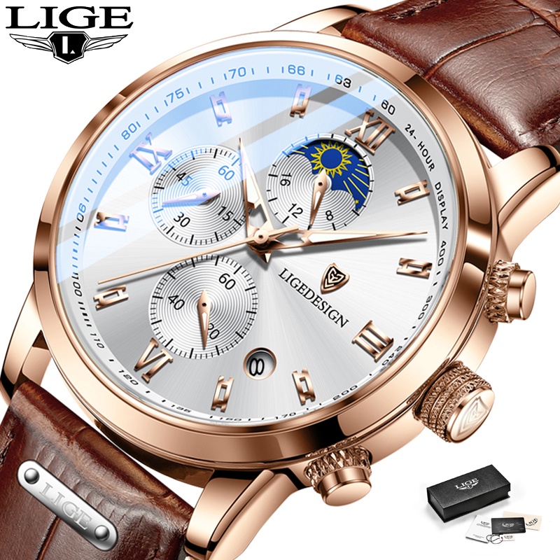 LIGE Watch Men Top Luxury Brand Men's Fashion Leather Waterproof Sports ...