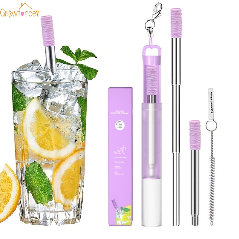 3 Colors 304 Stainless Steel Silicone Telescopic Straw Outdoor Portable ...