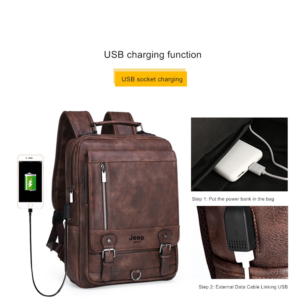 JEEP BULUO Backpack Fashion Leather Men Business Male 15.6" Laptop Bag ...