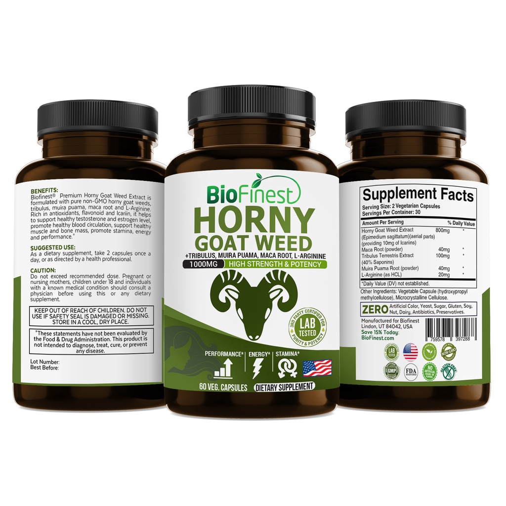 Biofinest Horny Goat Weed 1000mg - Maca Tribulus L Arginine - Men Women ...