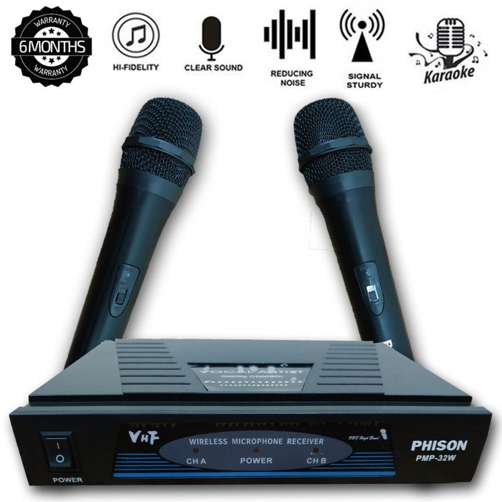 Phison Professional Dual VHF Wireless Karaoke Microphone Set System ...