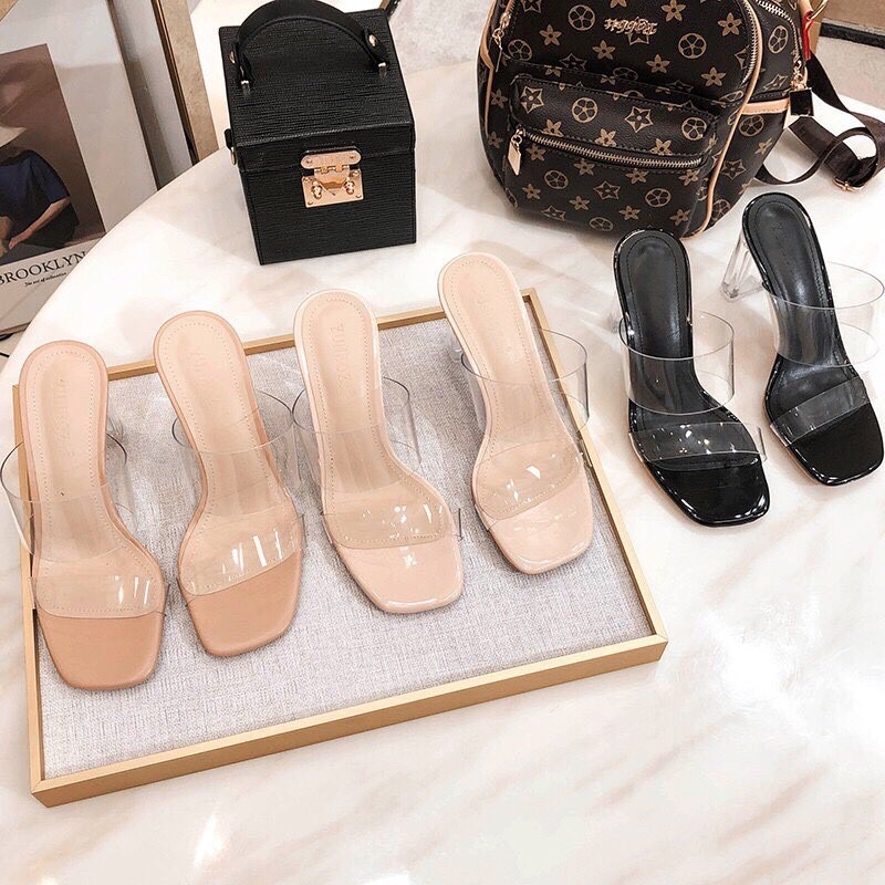 Super Flattering 2 Transparent Straps Transparent Flat High Heel ...