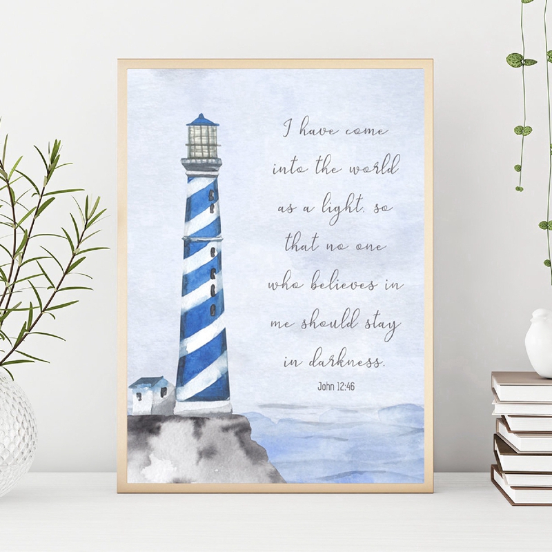 Lighthouse Prints Bible Verse Inspirational Quote Canvas Painting Beach ...