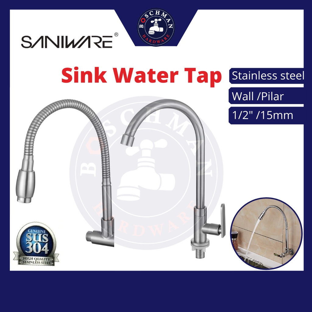 Saniware Kitchen Faucet Stainless steel Water Tap Sink Tap Wall Mounted ...