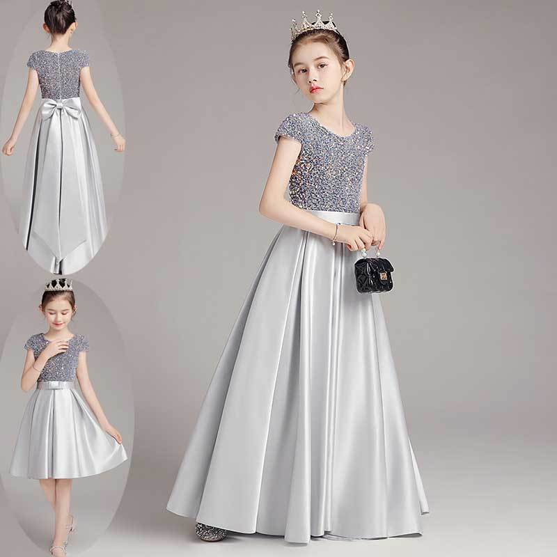 Girls Princess Dress Music Concert Piano Performance Dress Grey Sequins ...
