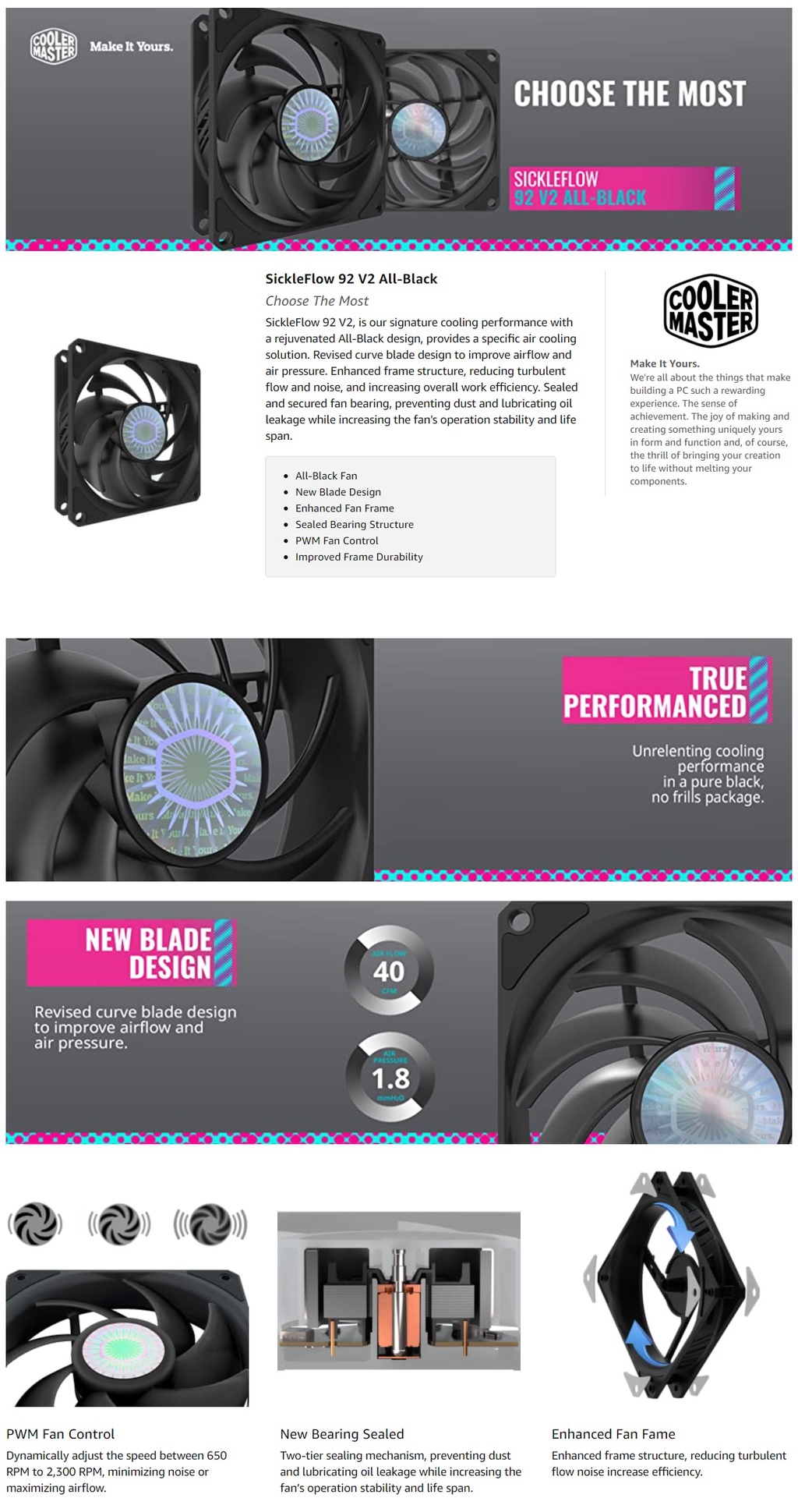 Cooler Master SickleFlow 92 Case Fan, 2300 RPM, 40 CFM, 9-blade Design ...