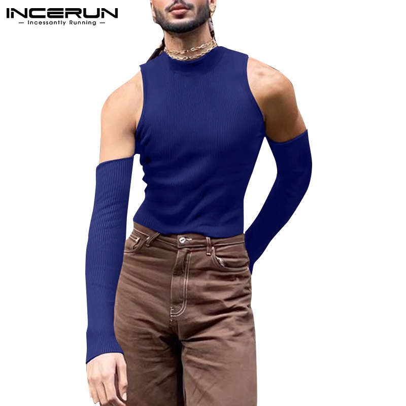INCERUN Men's Fashion Off Shoulder Hollow Out Half Sleeve Slim Fit T ...