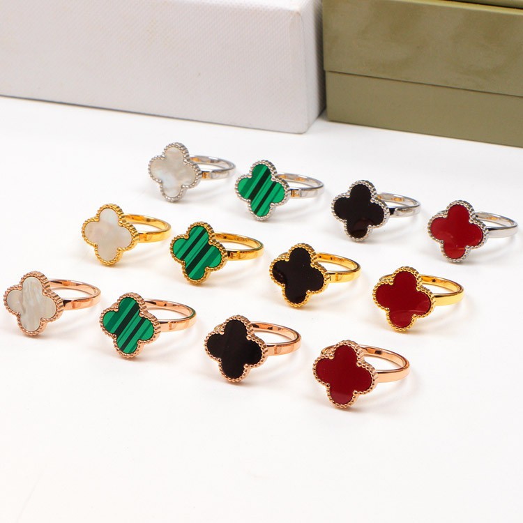 [Ready stock] Four-leaf clover multi-color flower ring Titanium steel ...