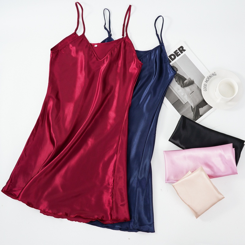 Sexy V-Neck Pajamas Women's Ice Silk Suspender Nightdress Ladies Summer Satin Nightgown | Shopee ...