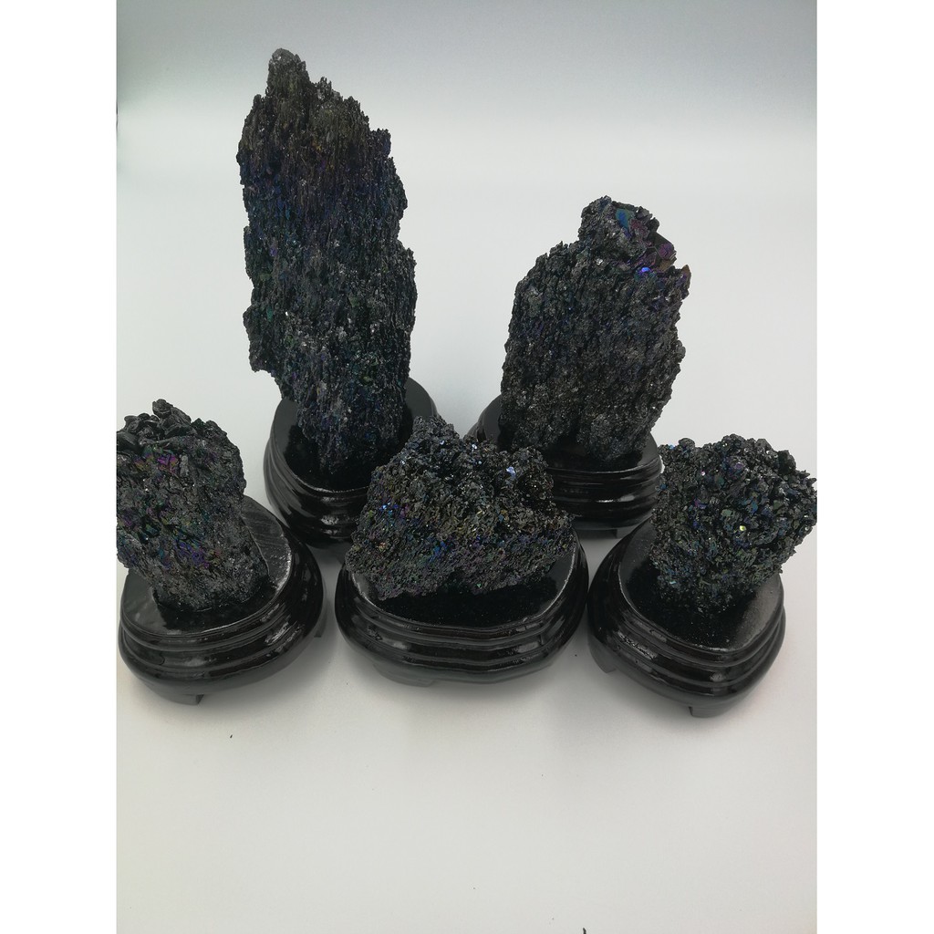Natural Berthierite Mineral Stone with Wood Stand 100%天然七彩礦风水石家庭和睦滤化空气石 ...
