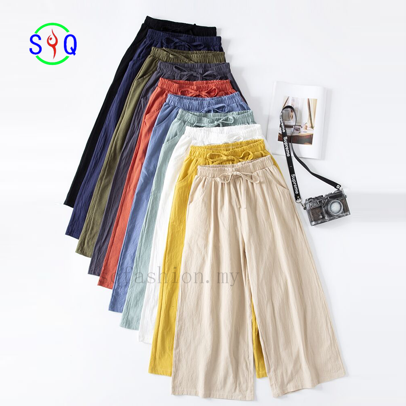 Women High Quality Palazo Pants Casual Long Pants Linen and Cotton High ...