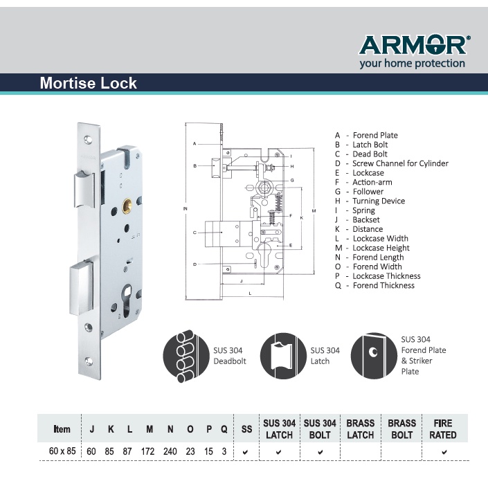 Armor AML-8560/SL 85mm x 60mm Entrance Mortise Hook Lock | Shopee Singapore