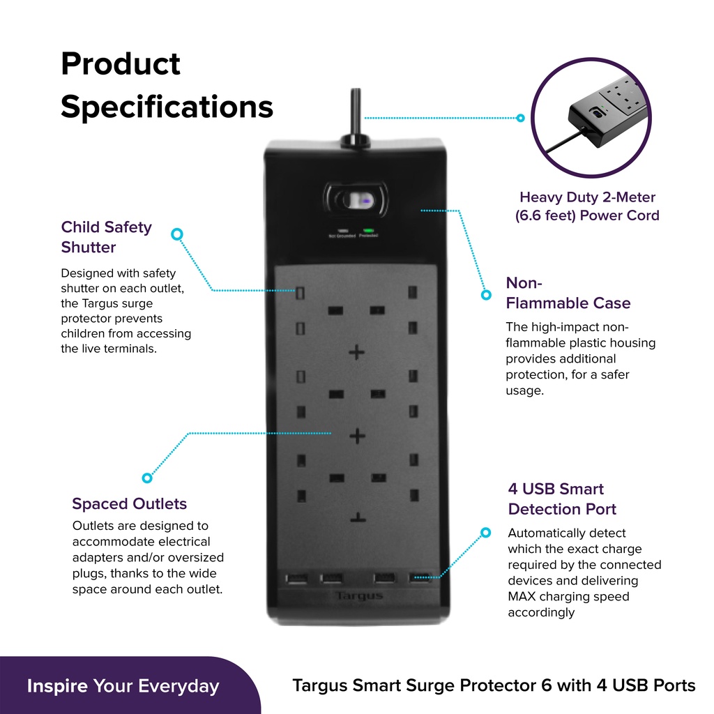 Targus Smart Surge Protector 6 with 4 USB Ports UK - APS1101AP APS11AP ...