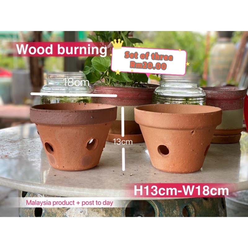 Orchid1318 (set of 3 pot)Traditional handmade wood burning ceramic ...