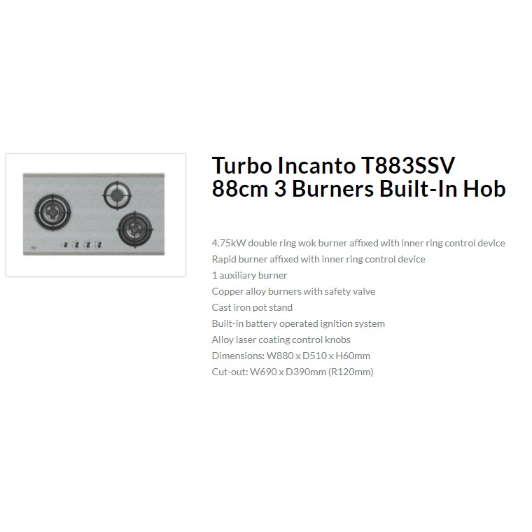 TURBO INCANTO T883SSV 88cm 3 Burners Built-In Hob * 1 YEAR LOCAL WARRANTY | Shopee Singapore