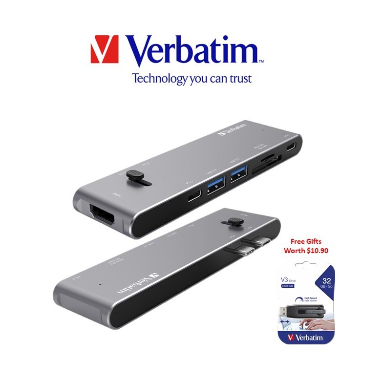 Verbatim Type-C Hub with HDMI, USB3.0, Type C PD & 3.5 Aux - Grey 66317 ...