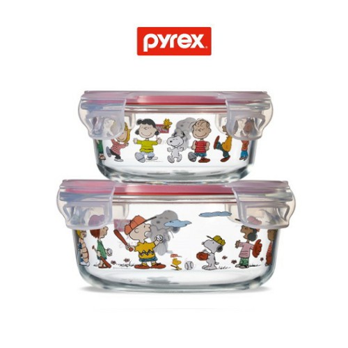 [PYREX] SNOOPY Round Glass Airtight Container 380ml & 620ml Set / Food ...