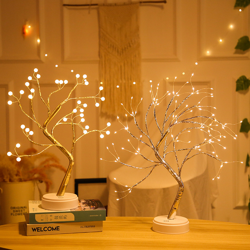 36/72/108 Creative Led Desk Tree Lamp Copper wire Table Lamps Battery ...