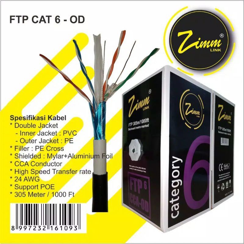 Zimmlink STP FTP Cat6 Outdoor Double Jacket LAN Cable Retail Meter ...