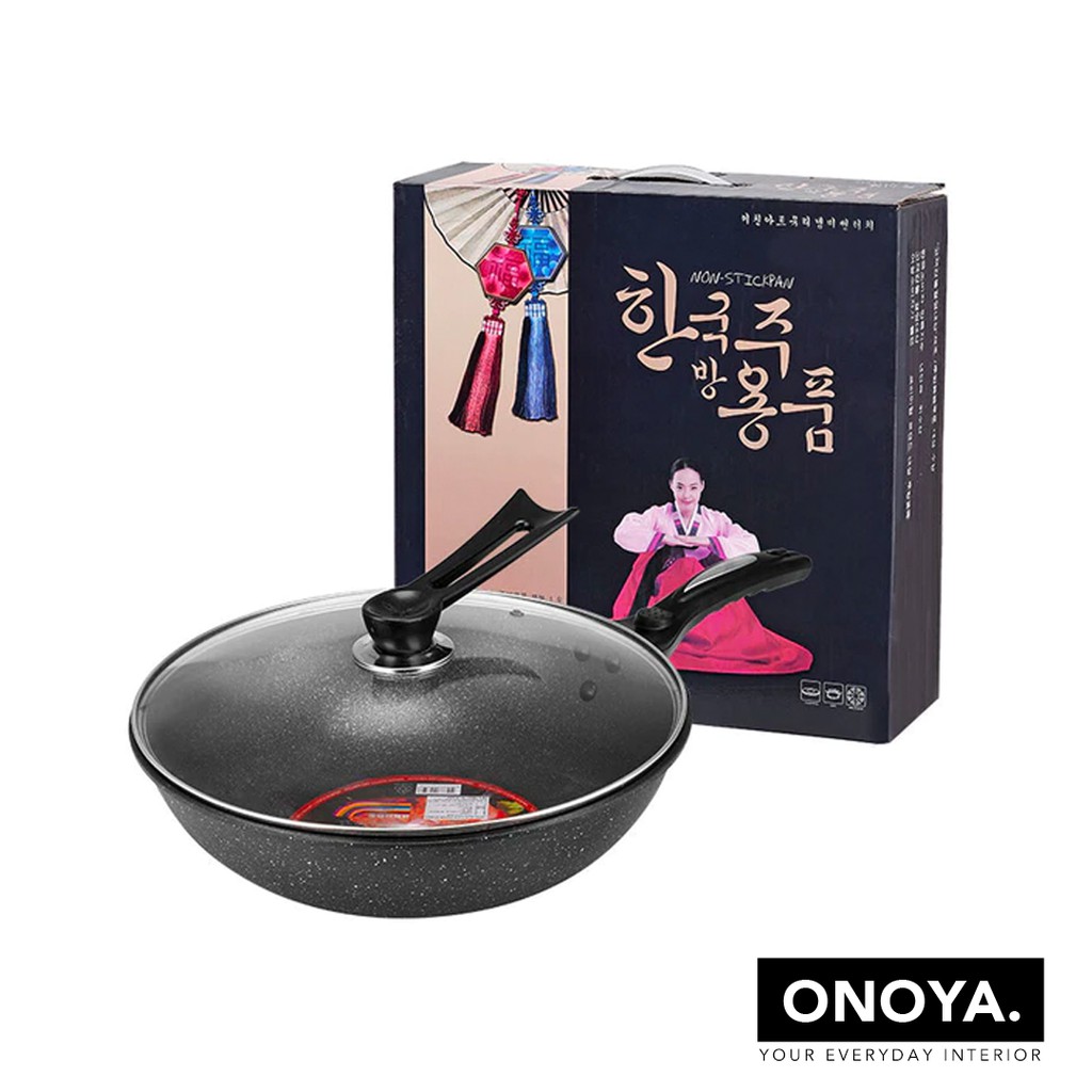 KOM 33cm Korean Rice Stone Frying Pan Non-Stick Pot Wok With Lid Fry ...
