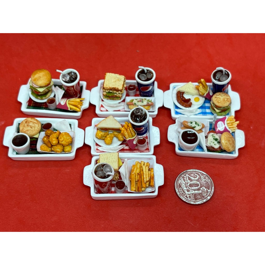 Handmade Miniature Food Lunch Set Tray of Burger and Fries, Sausages ...