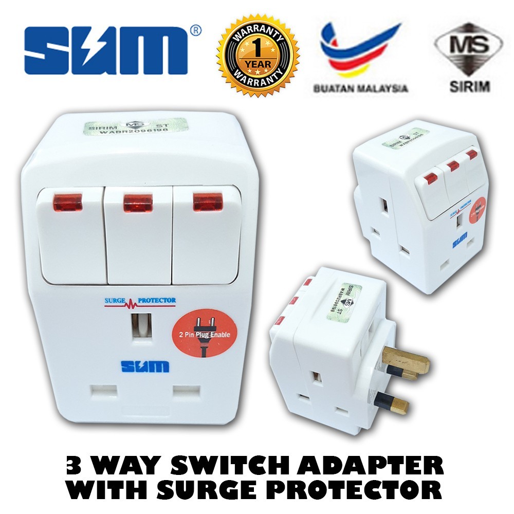SUM 3 Way Switch Adapter with Surge Protector & Neon Indicator (1 Year ...