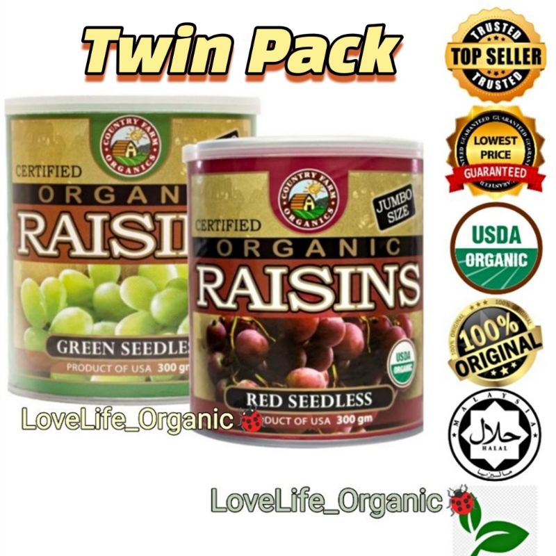 TWIN PACK COUNTRY FARM ORGANIC RED RAISIN X1 GREEN RAISINS X1 300GM ...