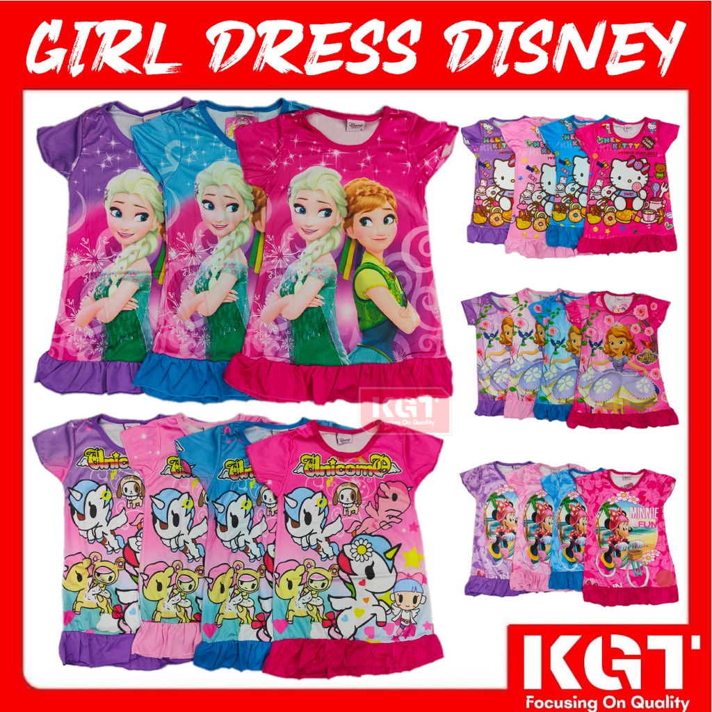 GIRL DRESS DISNEY CARTOON SILK GAUN BUDAK PEREMPUAN FROZEN HELLO KITTY ...