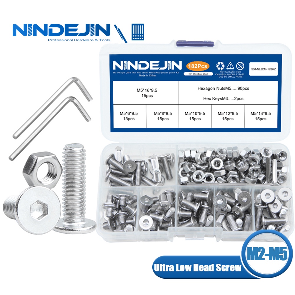 NINDEJIN Ultra Low Head Screw Set M2-M5 304 Stainless Steel Hex Hexagon ...