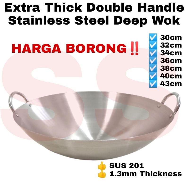 High Quality Extra Thick Double Handle Stainless Steel Wok / Deep Wok ...