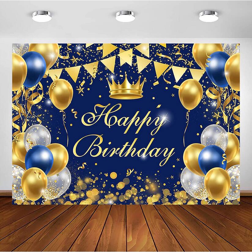 Navy Blue and Gold Happy Birthday Backdrop for Boy Men Prince Royal Blue Gold Party Decorations ...