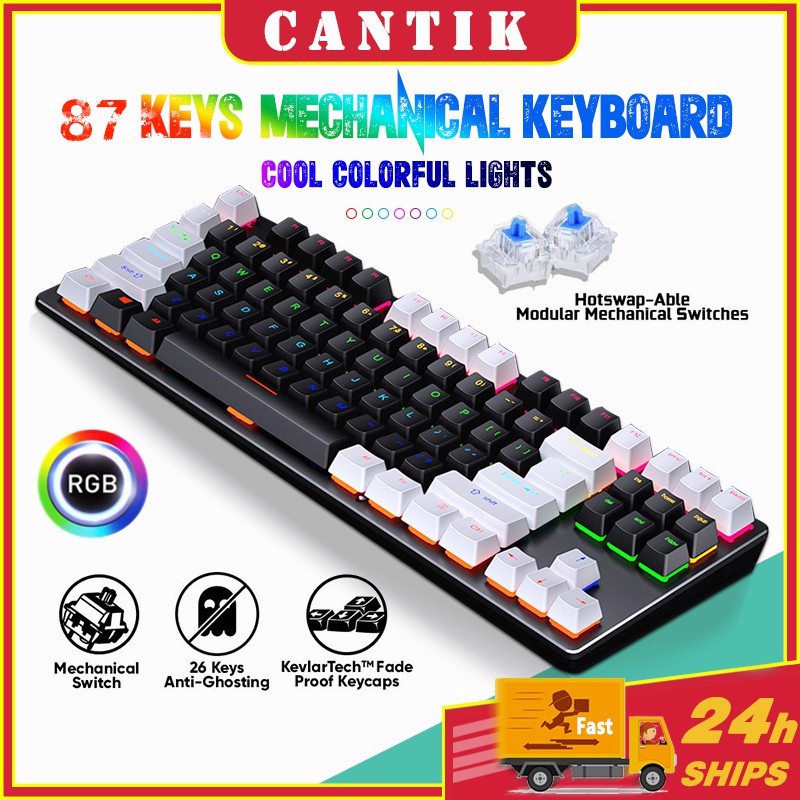 RGB Gaming Keyboard 87 Keys Mix Keycap Color True Mechanical Gaming ...