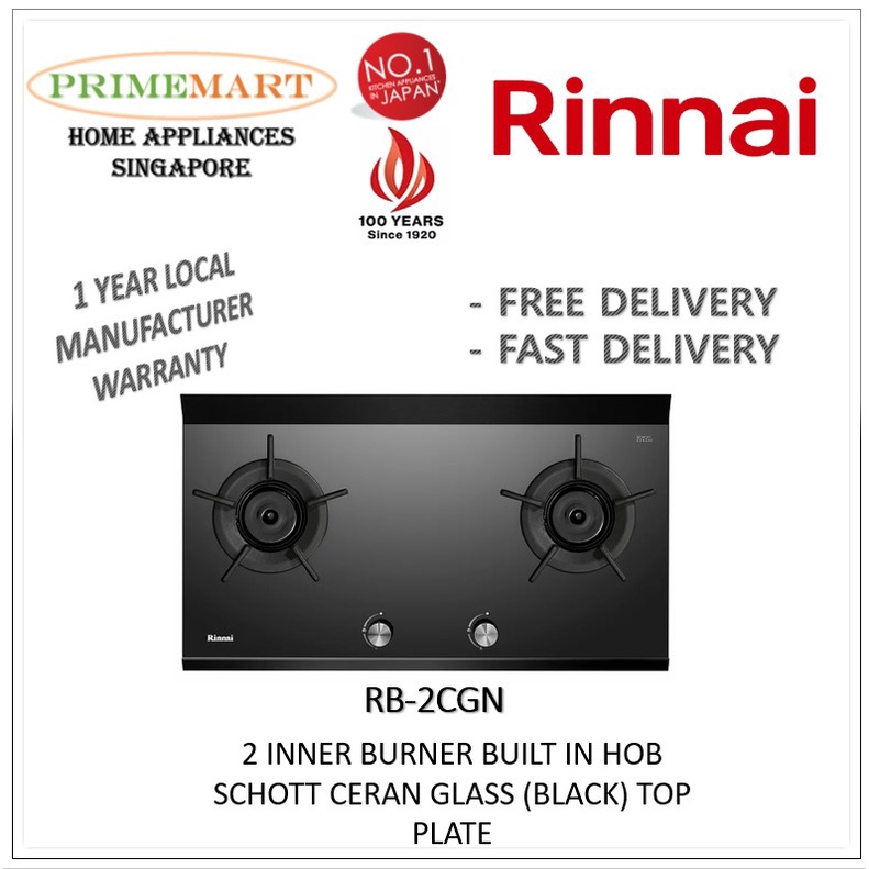 Rinnai RB-2CGN 2 Inner Burner Built-In Hob Schott Ceran Glass (Black) Top Plate - 1 Year ...