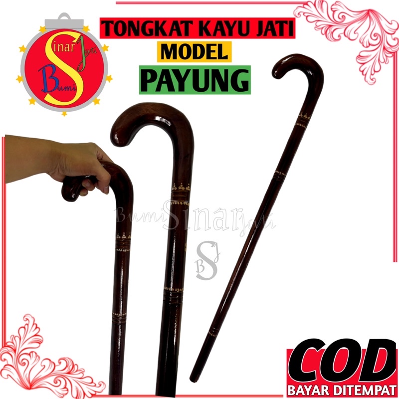 Teak wood walking stick + anti-slip / slip rubber shoes - elderly cane ...