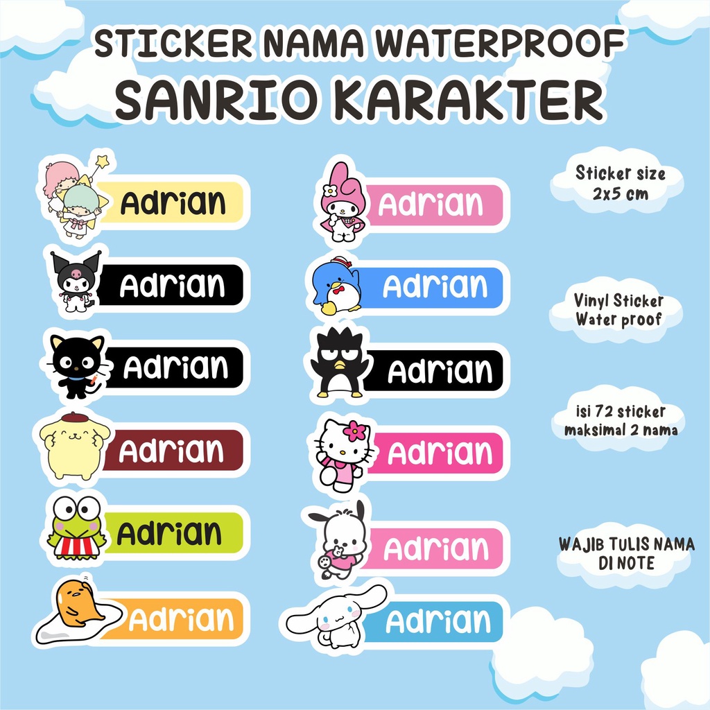 GET ALL CHARACTERS!! SANRIO CHARACTER WATERPROOF NAME STICKERS 72 PCS ...