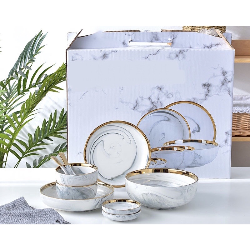Kate Marble plate & bowl set (2 people) | Shopee Singapore