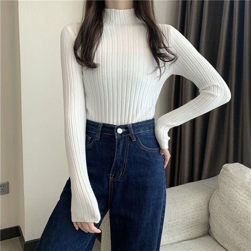 Must-Buy Stand-Up Collar Design Pit Strip Knit Tops Look Good For Inner ...