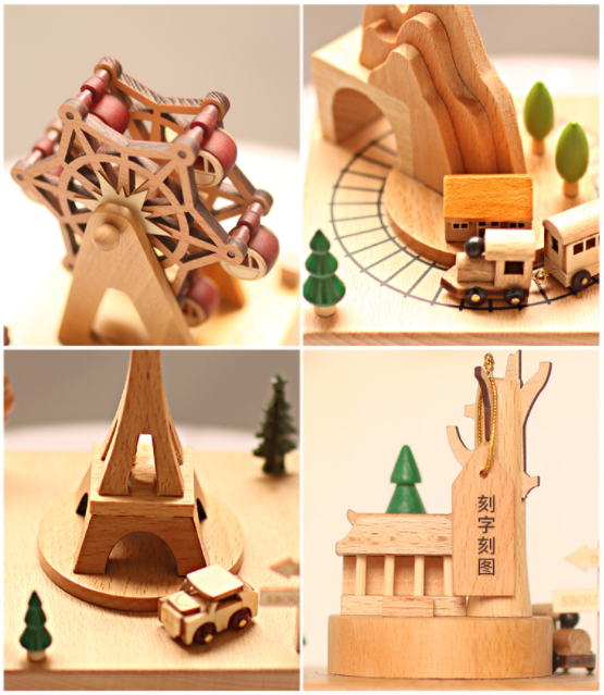 Wooden Music Box Moving Train Car Eifel Tower Spirited Away Laputa ...