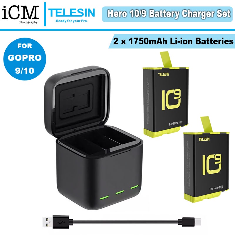 Telesin Gopro Hero 10 9 Battery Charger Storage Set with 2 1750mAh ...