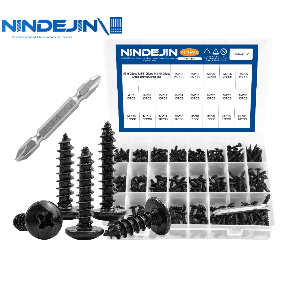 NINDEJIN 401pcs Truss Head Self Tapping Screw Set Carbon Steel Mushroom Head Cross Recessed ...