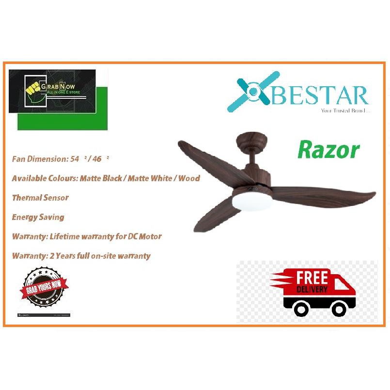 BESTAR RAZOR DC Motor 3 Blade Ceiling Fan (MATT BLACK, MATT WHITE, WOOD ...